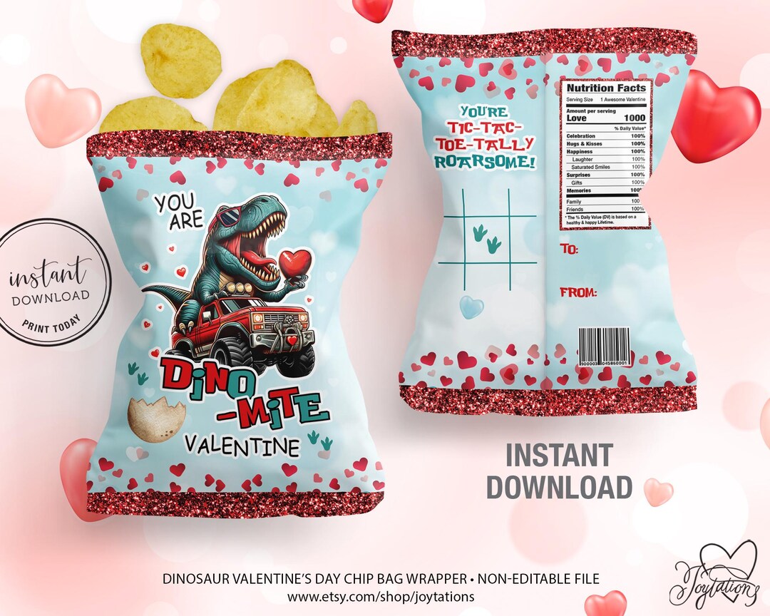 Dinosaur Valentine's Day Chip Bag Wrappers Printable, Dinosaur ...