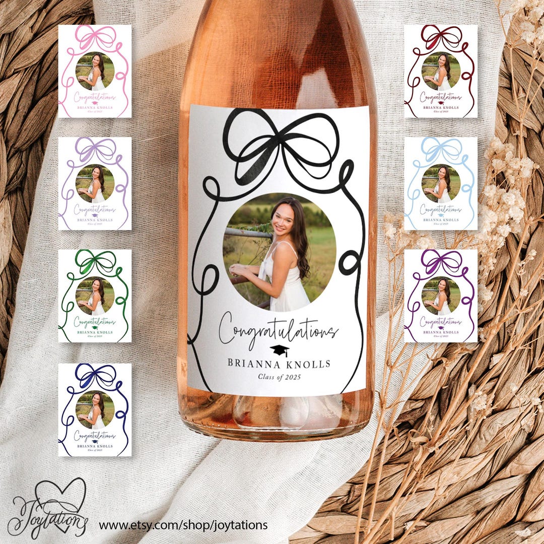 Bow Graduation Wine Bottle Labels Printed, Custom College Graduation ...