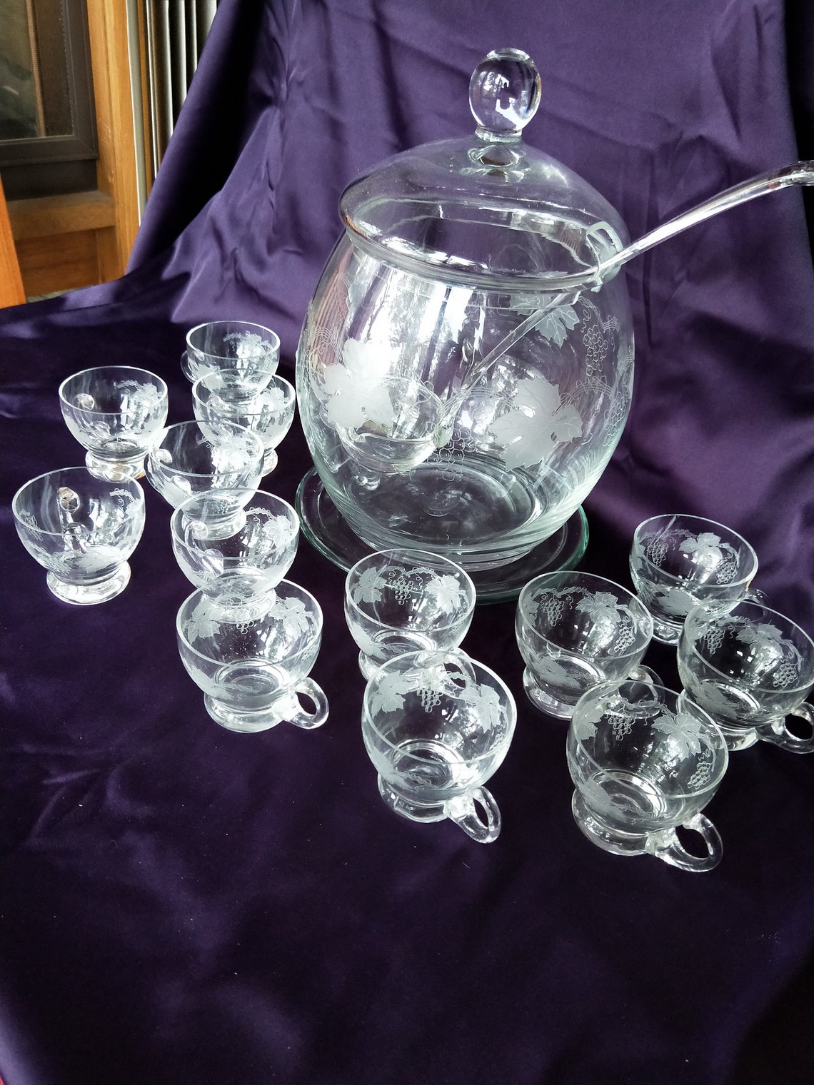 Vintage Bohemia Crystal Grapevine Punch Bowl Set Incl 14 Cups, Ladle ...