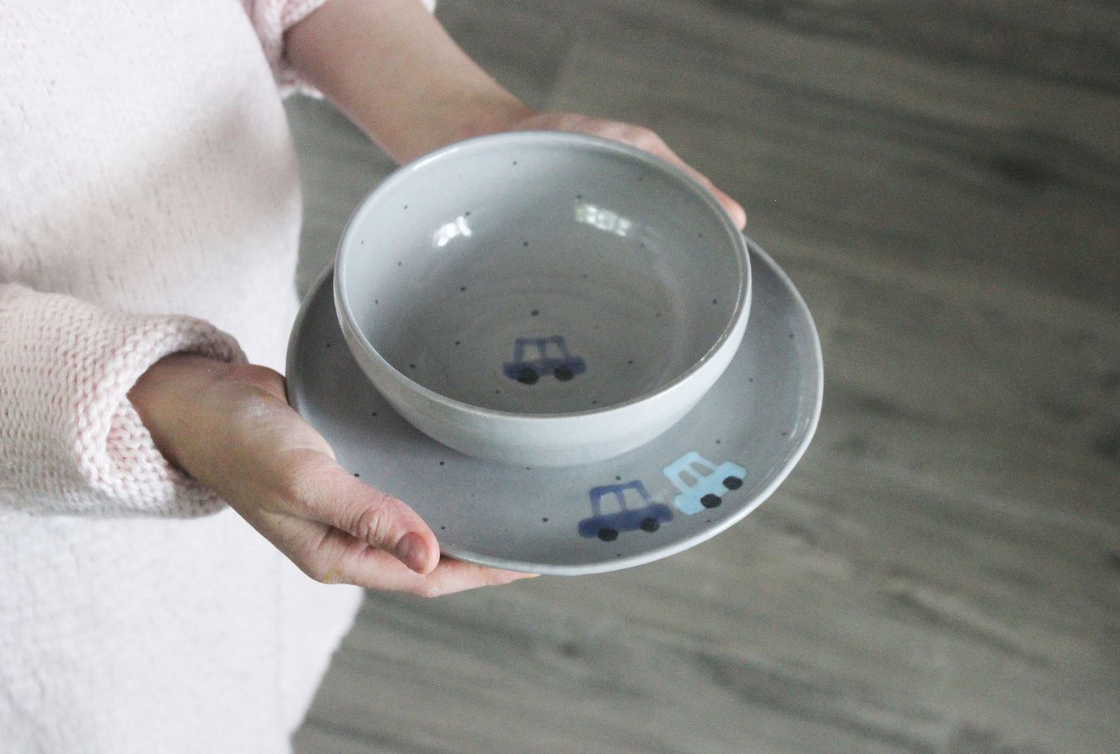 Pottery Set of Mug and Plate with Vintage Car Pattern | Etsy