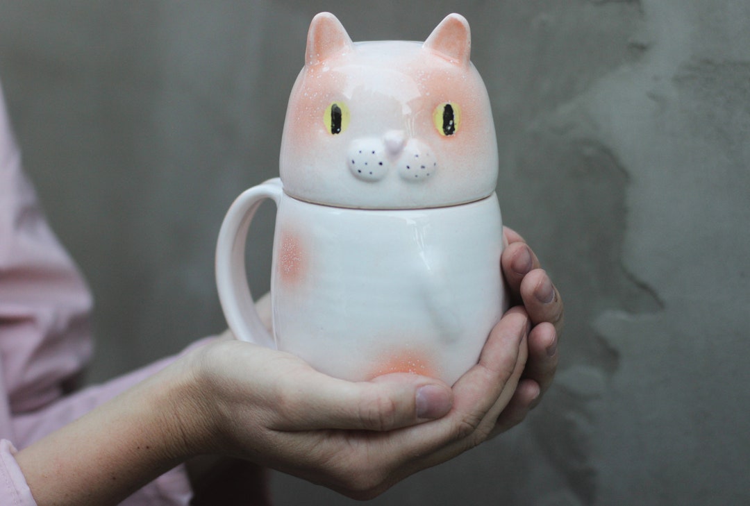 Cat Large Lidded Mug, White Kitty Pottery Coffee Mug With Lid, Tea Cup ...