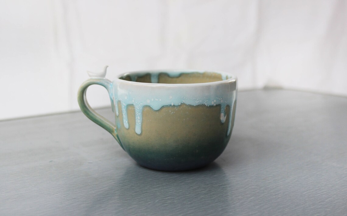 Turquoise Coffee Mug with Bird on Handle Handmade Blue Mug | Etsy