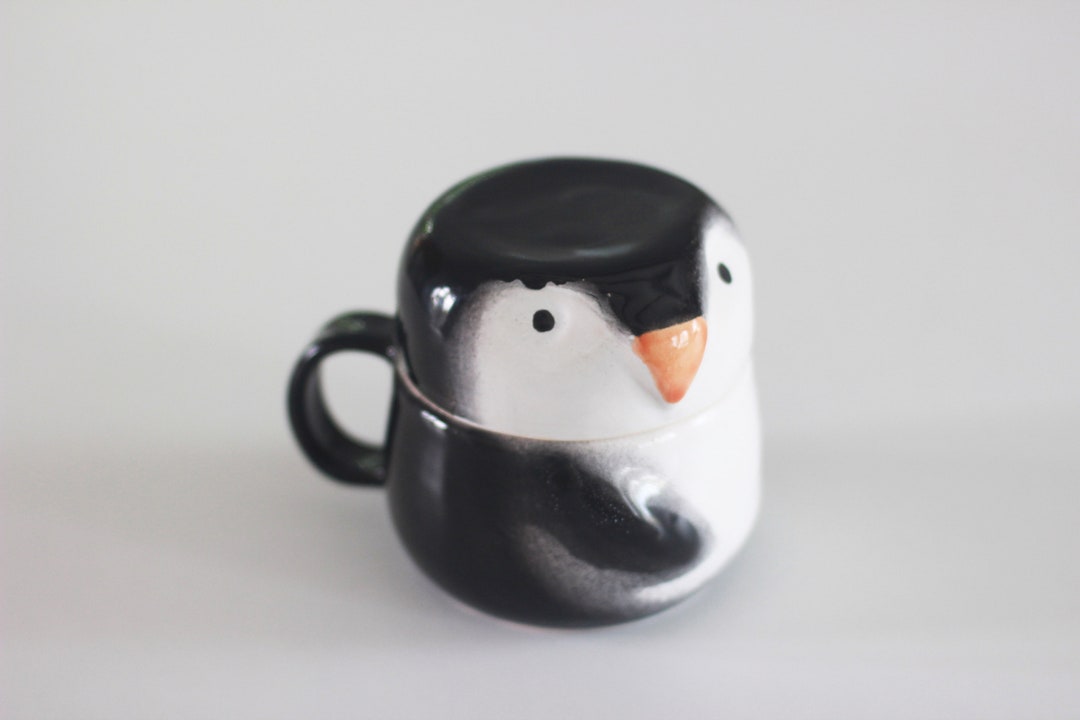 Penguin Mug With Lid, Large Pottery Coffee Cup, Lidded White and Black ...