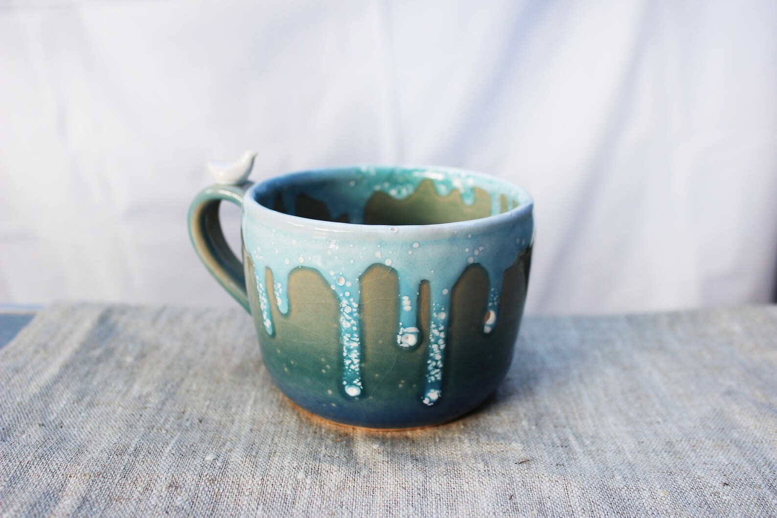 Turquoise Coffee Mug with Bird on Handle Handmade Blue Mug | Etsy