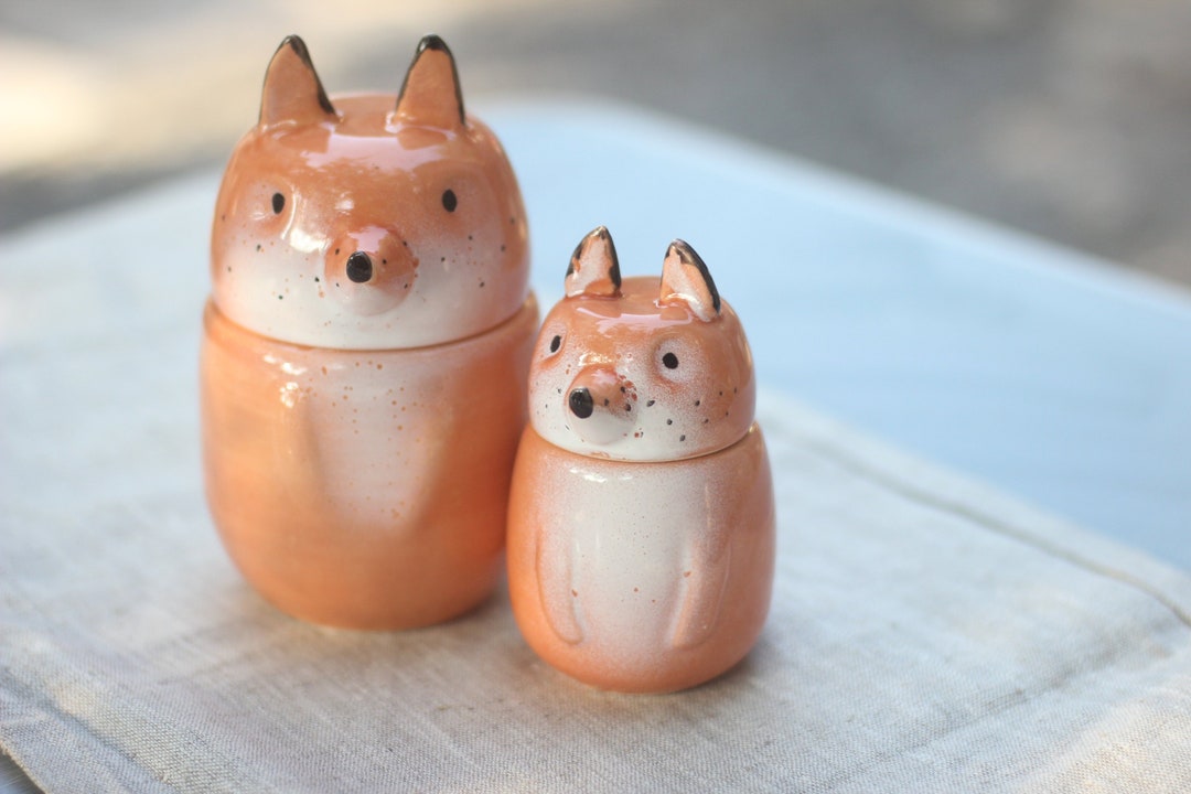 Orange Fox Jar, Fox Pottery Container, Handmade Sugar Bowl With Lid ...