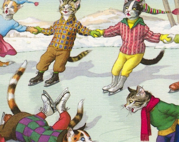 Original 1950s Dressed up Cats Ice Skating Illustrated Postcard - Anthropomorphic Artist Drawn ...