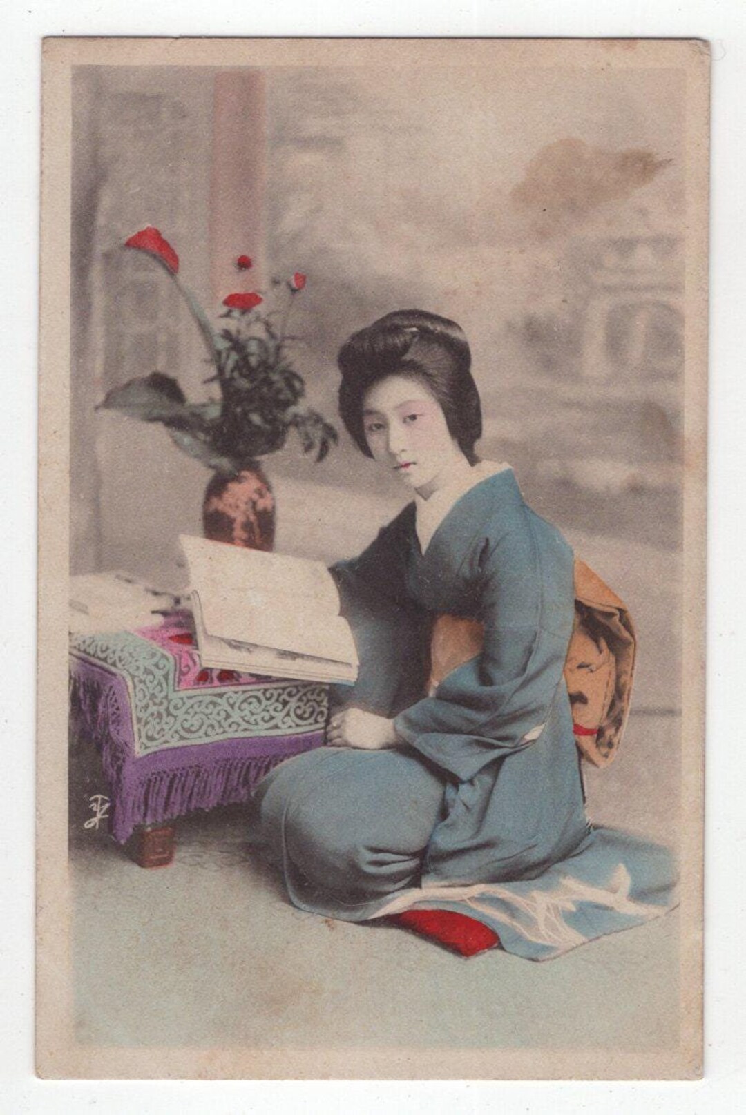 Original 1900s Japanese Geisha Reading Hand Tinted Postcard - Antique ...