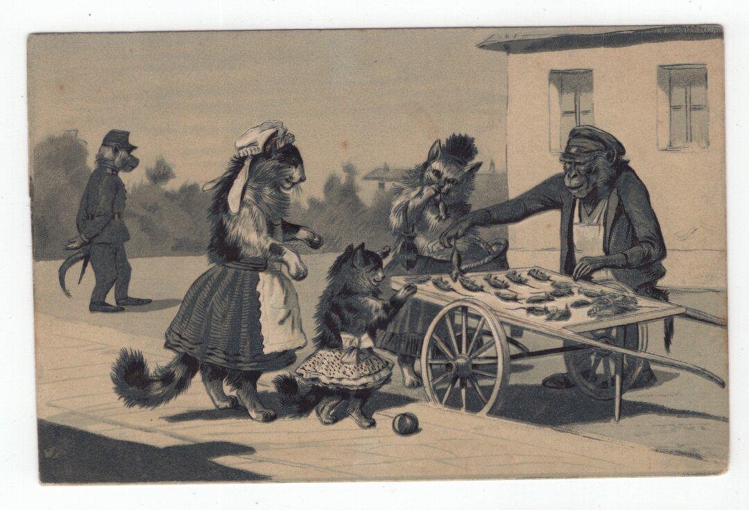 Original Monkey Market Stall Selling Mice to Cats Artist Illustrated ...