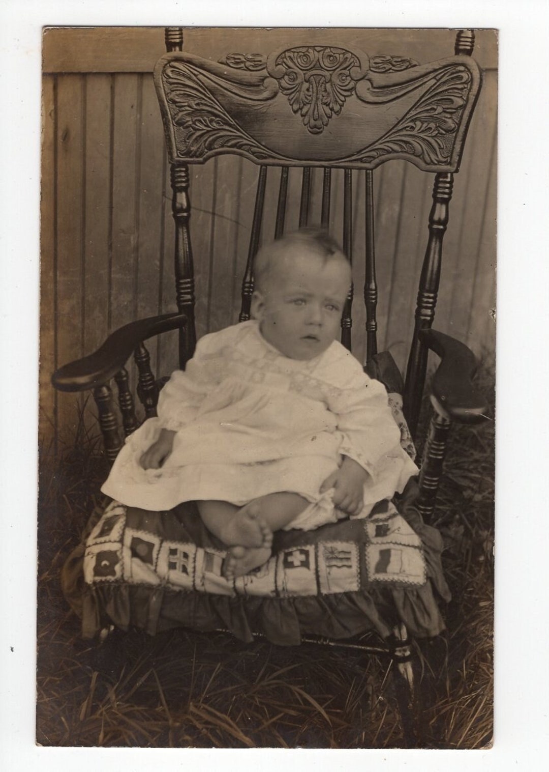 Original 1900s Little Baby on Wooden Chair Real Photo Postcard ...