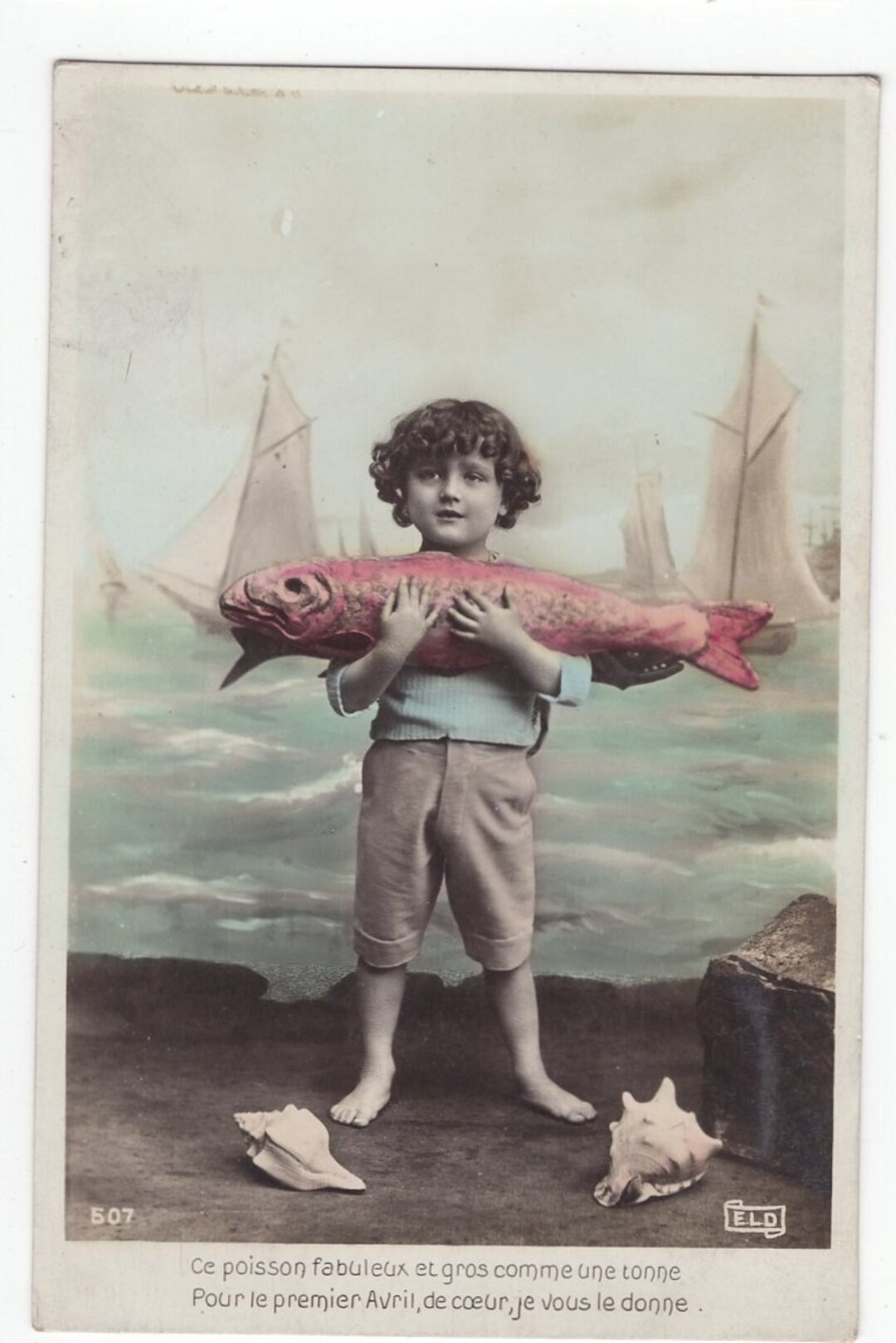 Original 1900s Little Boy & Big Fish Hand Tinted Real Photo Postcard ...
