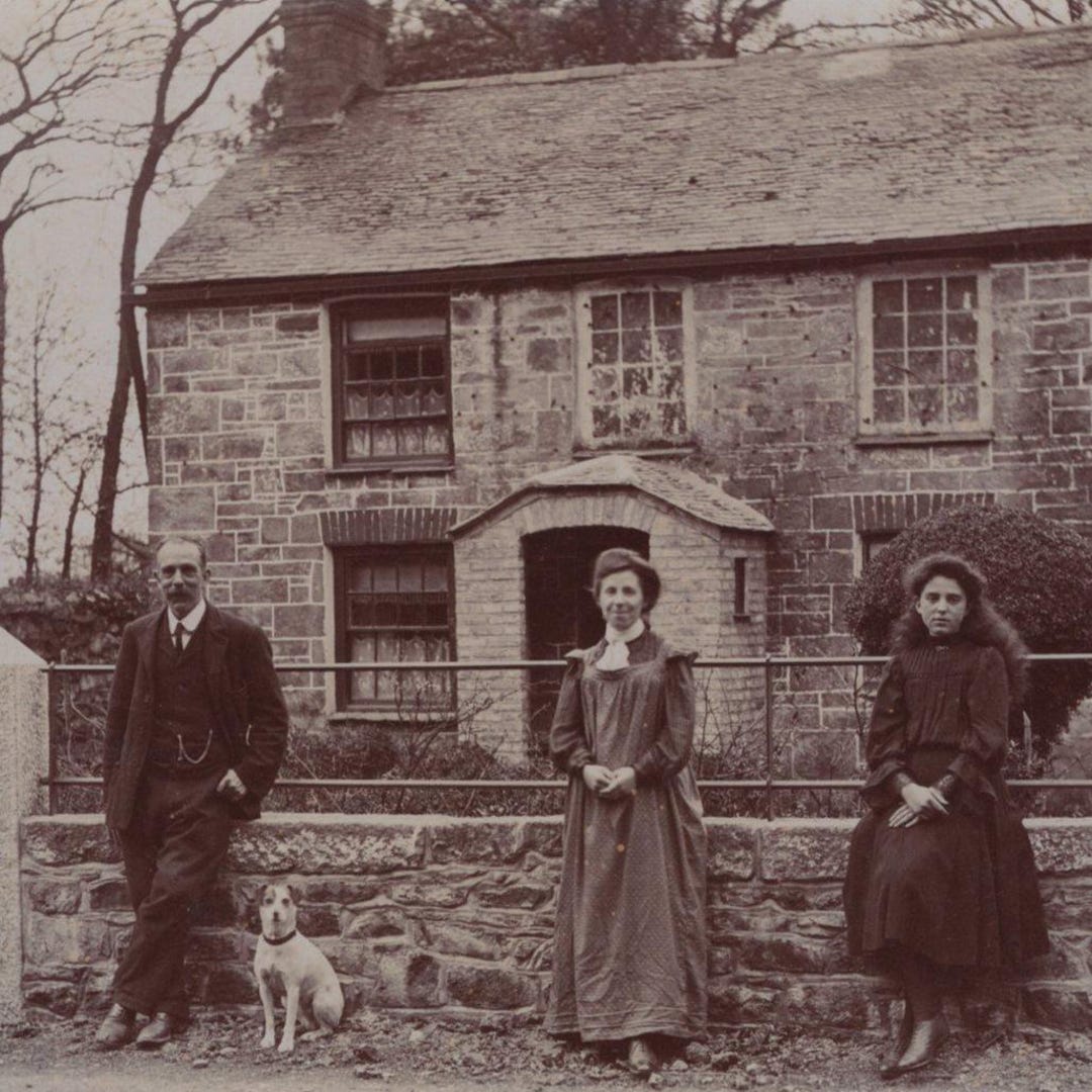 Original 1900s Family & Jack Russell Terrier Outside House Real Photo ...