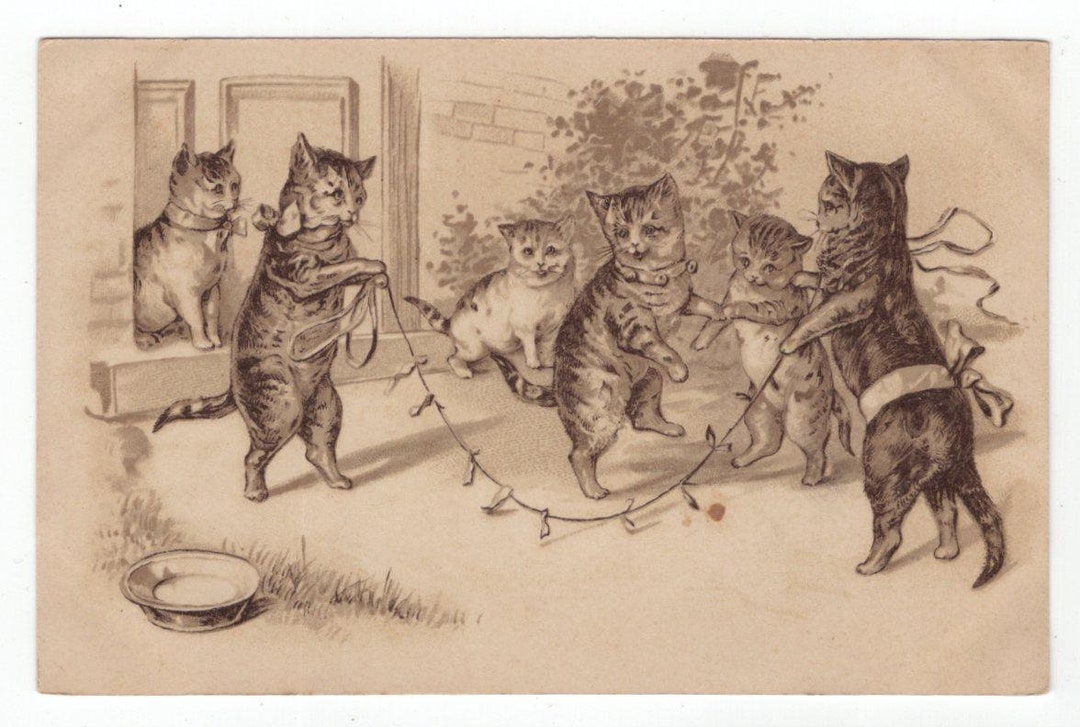 Original 1900s Anthropomorphic Cats Skipping Artist Illustrated ...