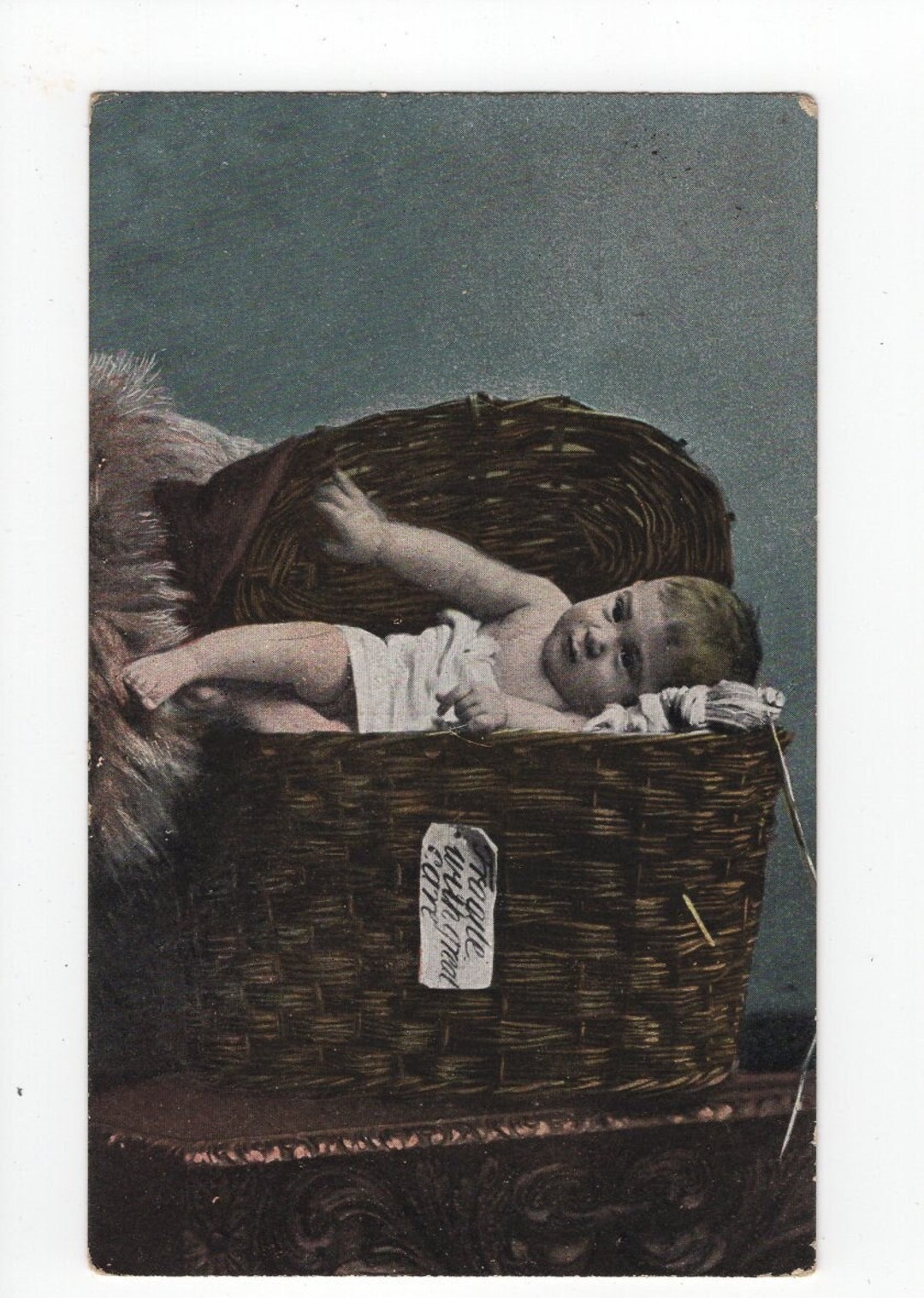 Original 1900s Little Baby in a Basket Antique Postcard - Vintage ...