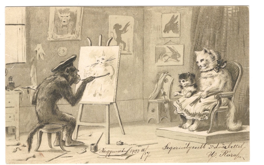 Original Monkey Artist Painting Cats Porttrait Artist Embossed Postcard ...