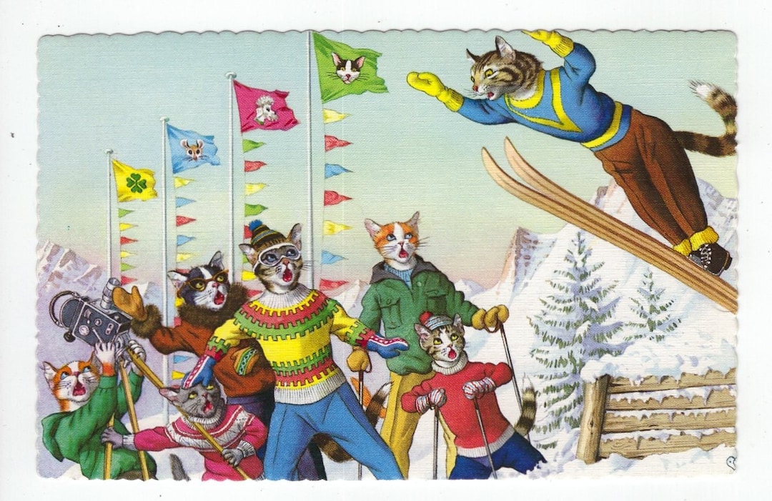 Original 1950s Cats Skiing Illustrated Postcard - Anthropomorphic ...