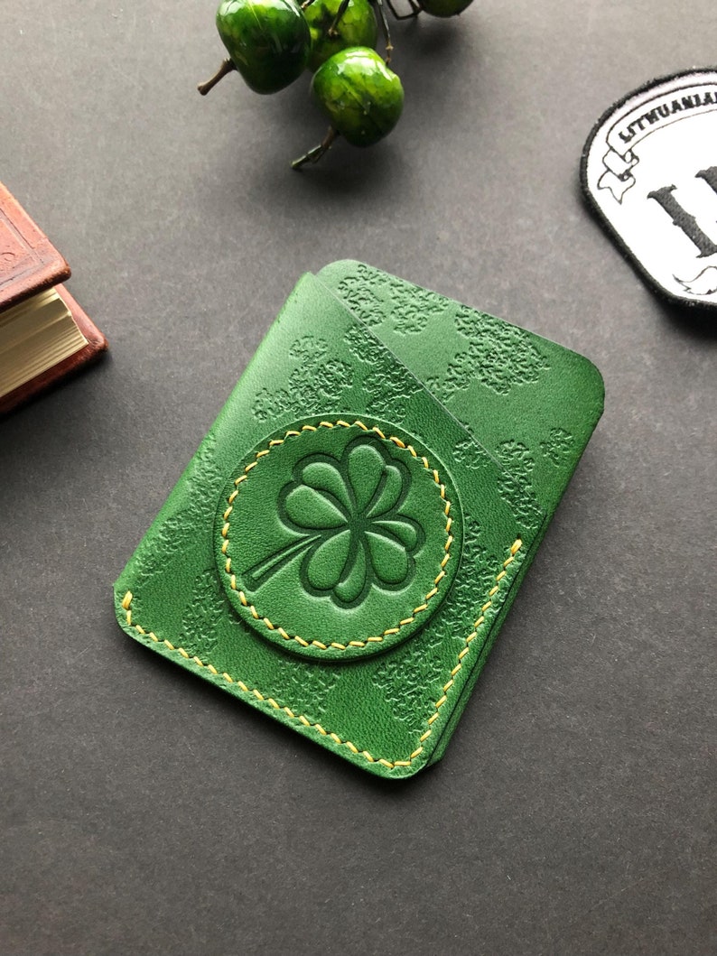 Embossed Lucky Clover Italian Leather Card Holder - Handmade Green ...