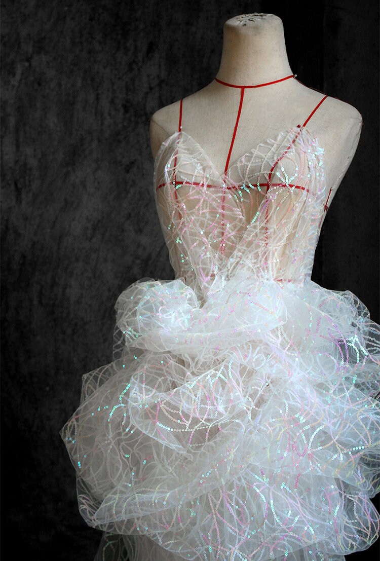 Symphony Curved Sequin Translucent Mesh Lace Fabric | Etsy