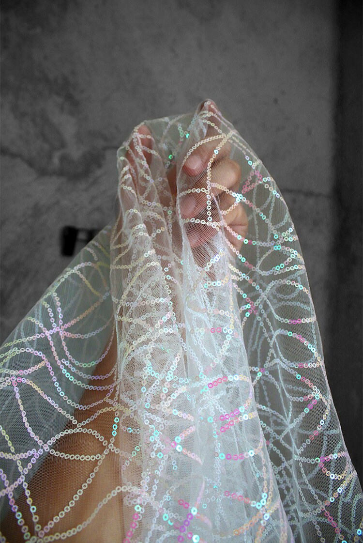 Symphony Curved Sequin Translucent Mesh Lace Fabric | Etsy
