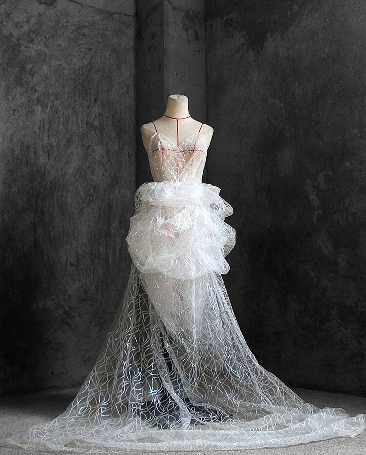 Symphony Curved Sequin Translucent Mesh Lace Fabric | Etsy