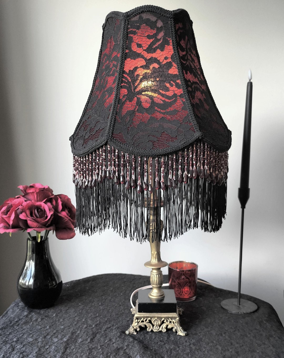 Lampshade Table/vintage/ Boho/ Gothic Decore/victorian/romantic/wine Black Fabric Lace/fringed ...