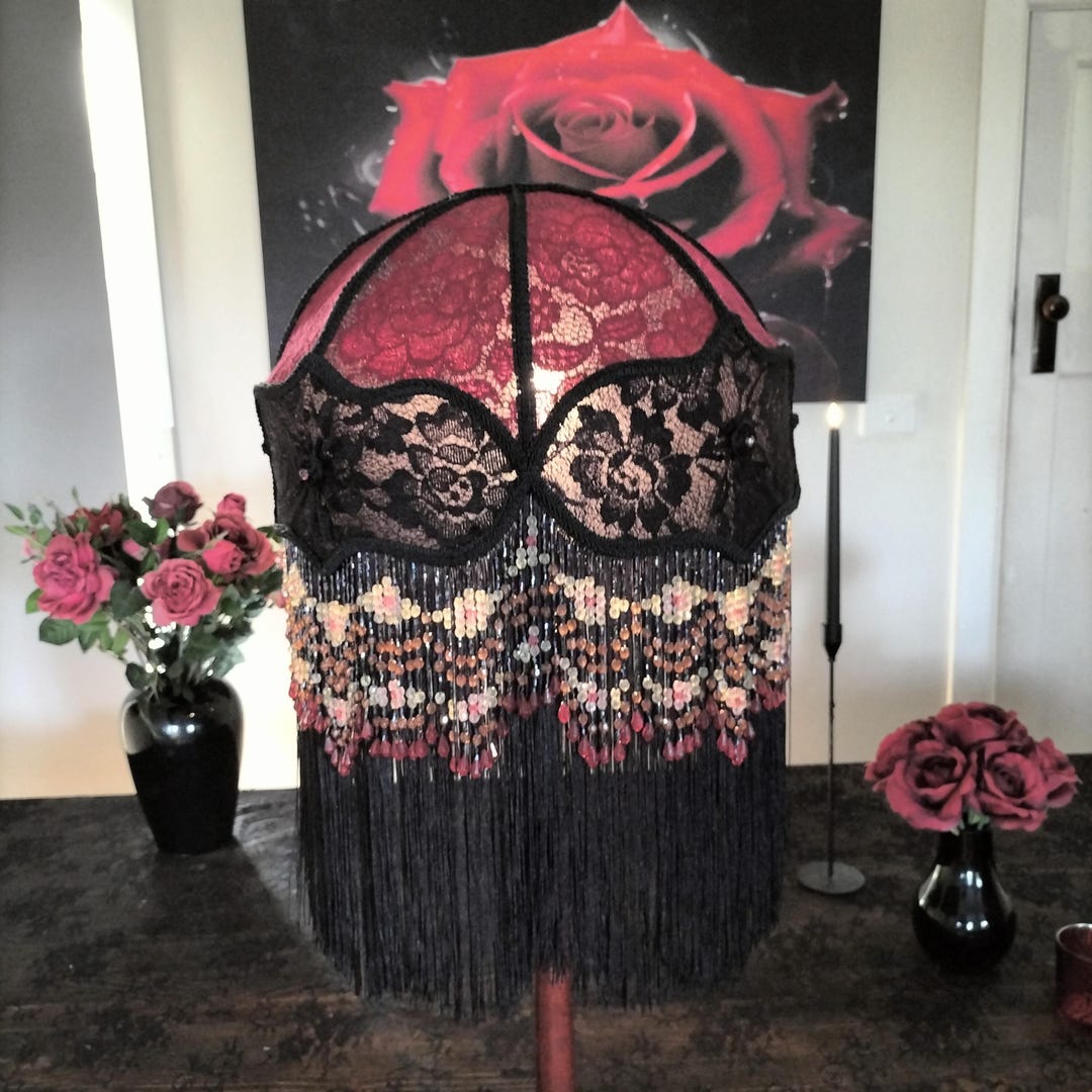 Stunning Black/red Victorian Vintage Goth Boho Style Lace Beaded Shade ...