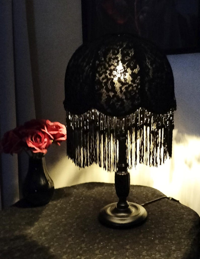 Lampshade Table/vintage/gothic Decore/black Fabric Lace/beaded/fringed ...