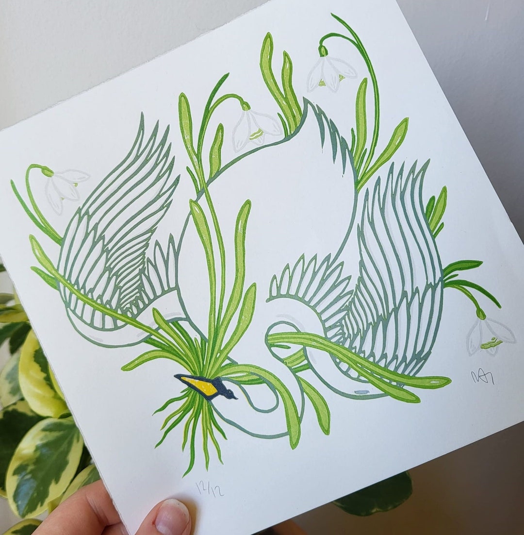 Spring Swan Snowdrop Linocut Print Nature Lover Gift Bird Botanical ...