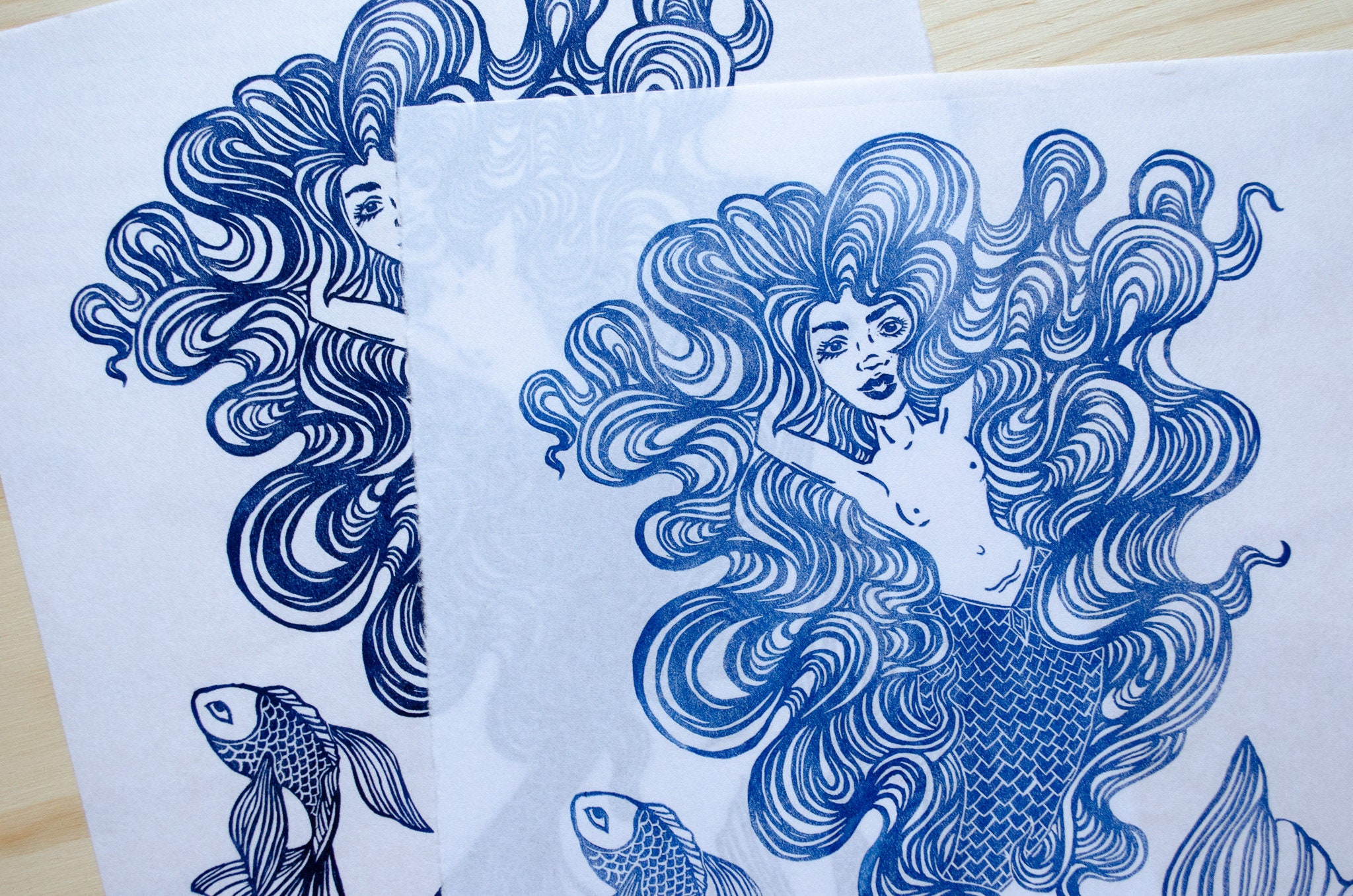 SALE Mermaid Linocut Print Siren Art Print Linocut Artwork on Japanese ...