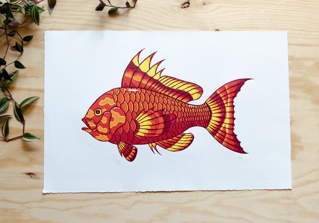 Fish Wall Art, Gold Fish Linocut Print, Ocean Fish Print, Handprint Sea ...