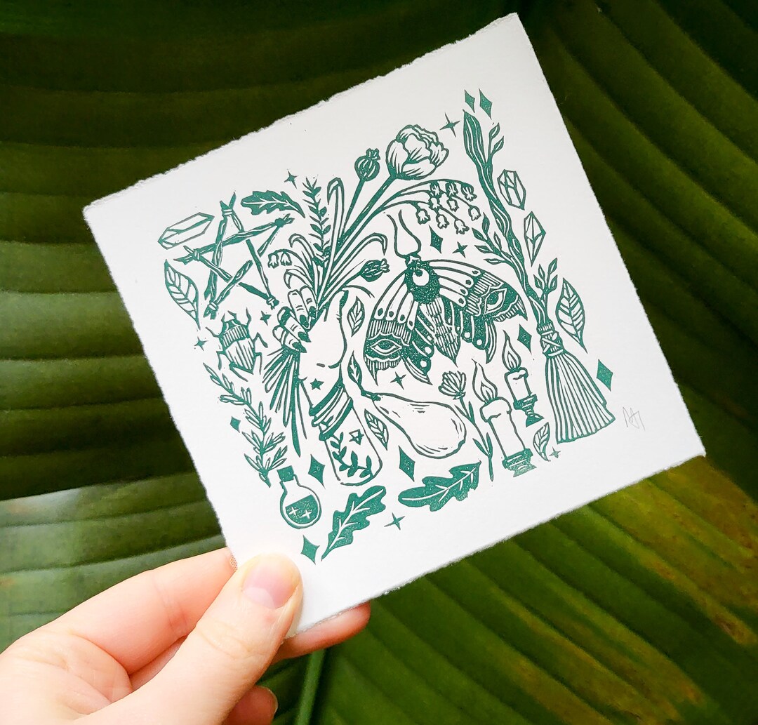 Green Witch Mini Print | Original Linocut Art Print | Garden Witch ...