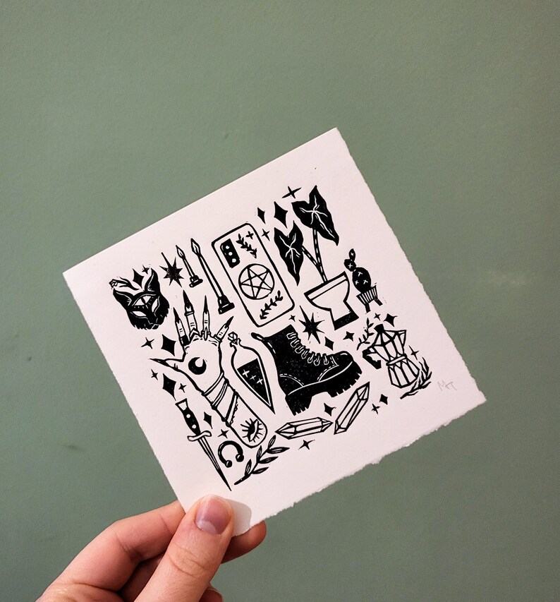 Modern Witch Mini Print | Original Linocut Art Print | Halloween Decor ...