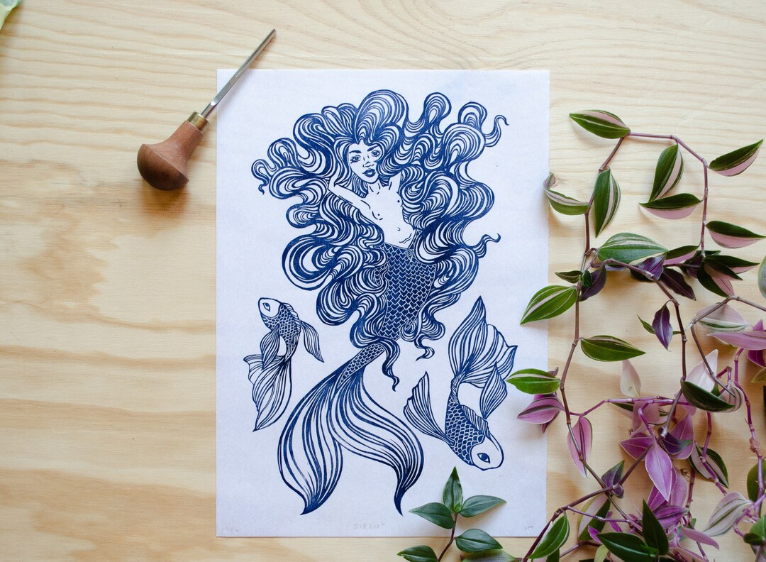 SALE Mermaid Linocut Print Siren Art Print Linocut Artwork on Japanese ...