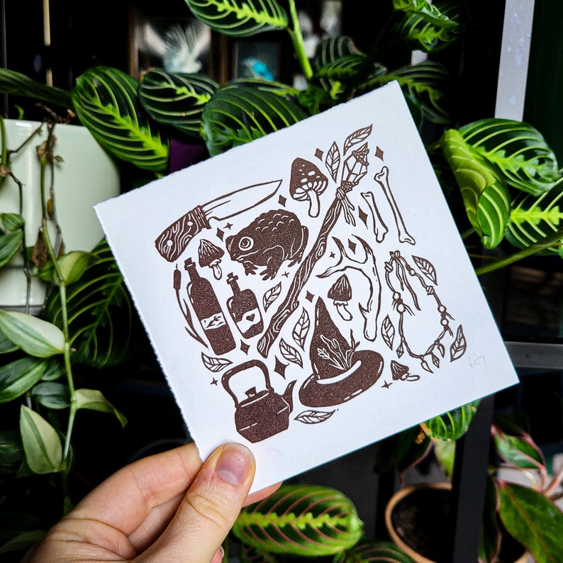 Bog Witch Mini Print Original Linocut Art Print Halloween - Etsy