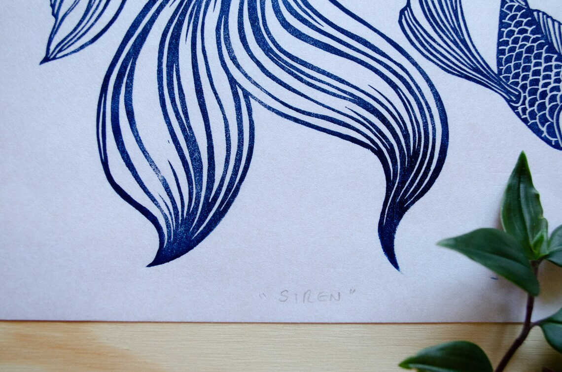 SALE Mermaid Linocut Print Siren Art Print Linocut Artwork on Japanese ...