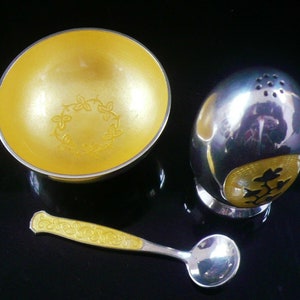 Silver Condiment Set, Enamel, Salt Cellar, Pepper Pot, Salt Spoon ...
