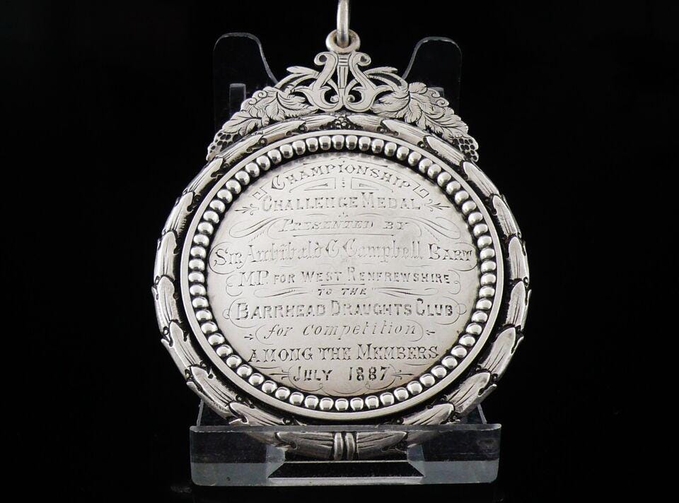 Large Silver Draughts Medallion, Championship Challenge, Barrhead ...