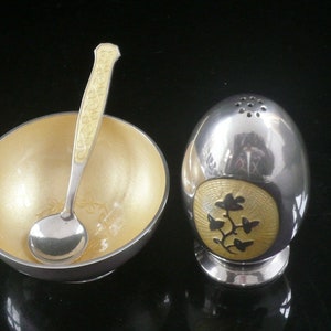Silver Condiment Set, Enamel, Salt Cellar, Pepper Pot, Salt Spoon ...