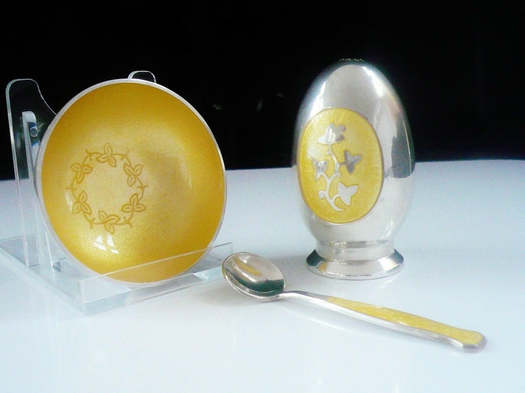 Silver Condiment Set, Enamel, Salt Cellar, Pepper Pot, Salt Spoon ...