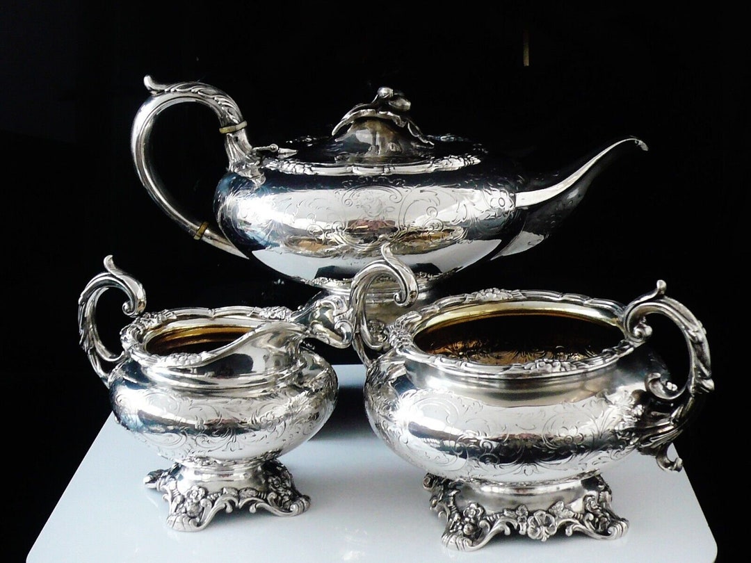 3 Piece Antique Sterling Silver Tea Set, English, Tableware, Tea Pot ...