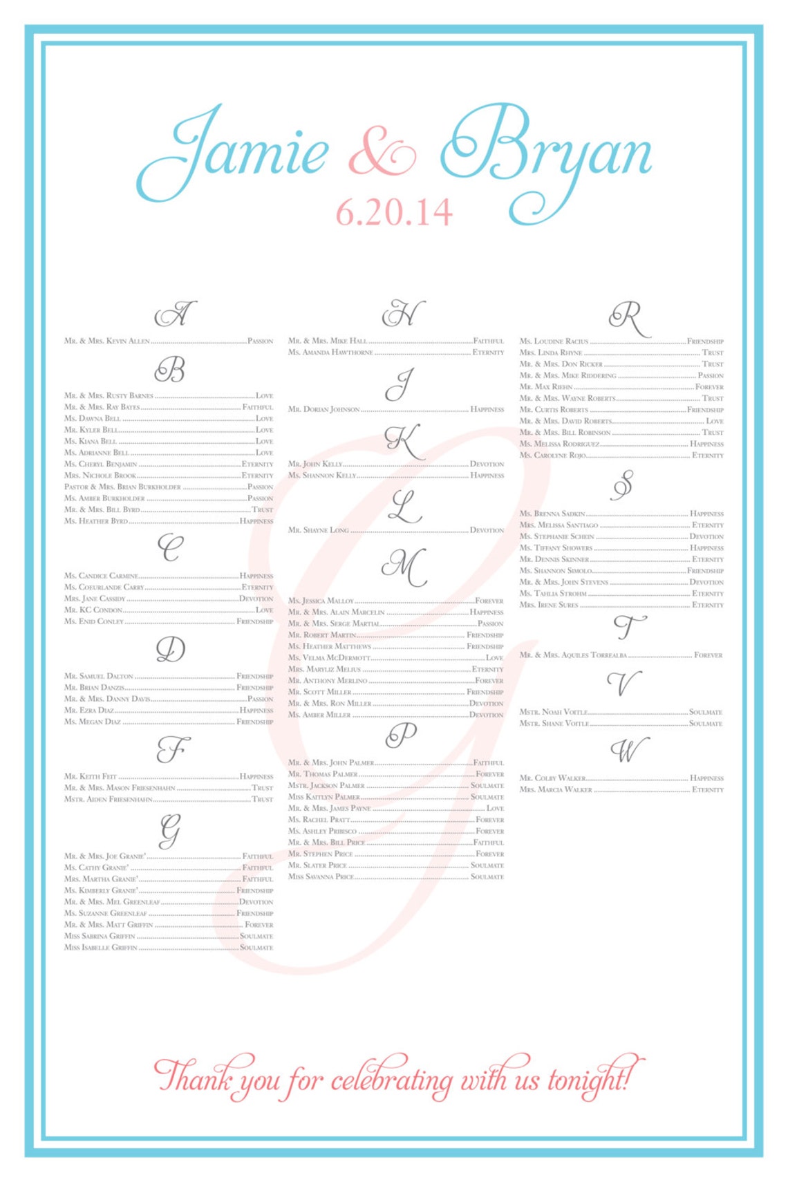 Wedding Seating Chart, Table Assignment Chart, Alphabetical Seating ...