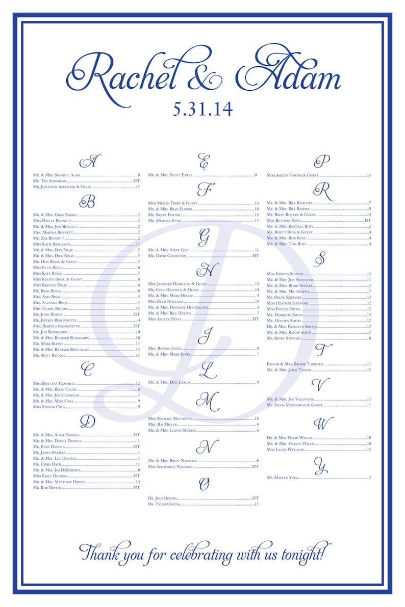 Wedding Seating Chart, Table Assignment Chart, Alphabetical Seating ...