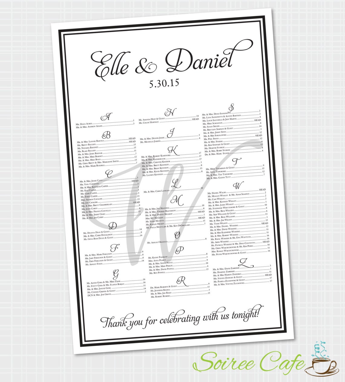 Wedding Seating Chart, Table Assignment Chart, Alphabetical Seating ...