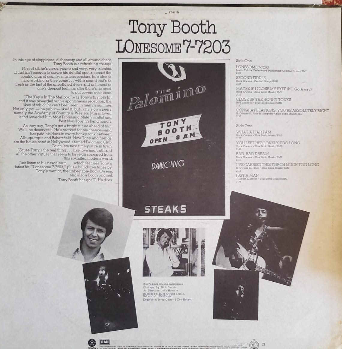 Tony Booth, Lonesome 7-7203, Vintage Vinyl Record Album, Classic ...