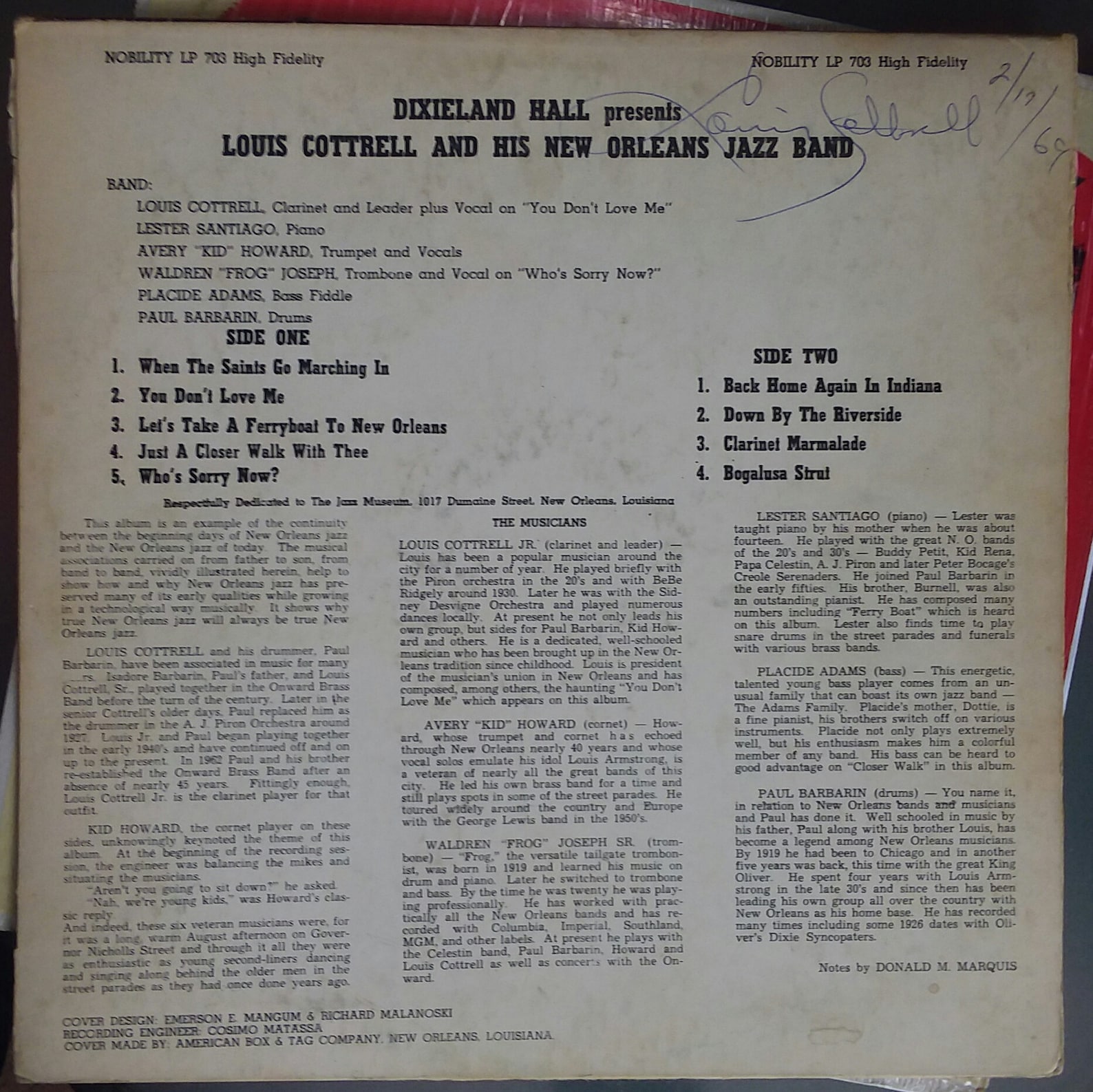 Louis Cottrell Jr., RARE, Autographed, Dixieland Hall Presents Louis ...