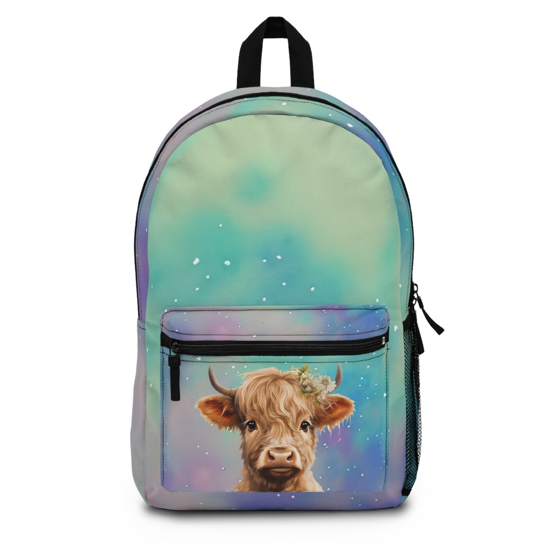 Highland Cow Backpack, Colorful Sky Northern Lights Highlander Cow ...