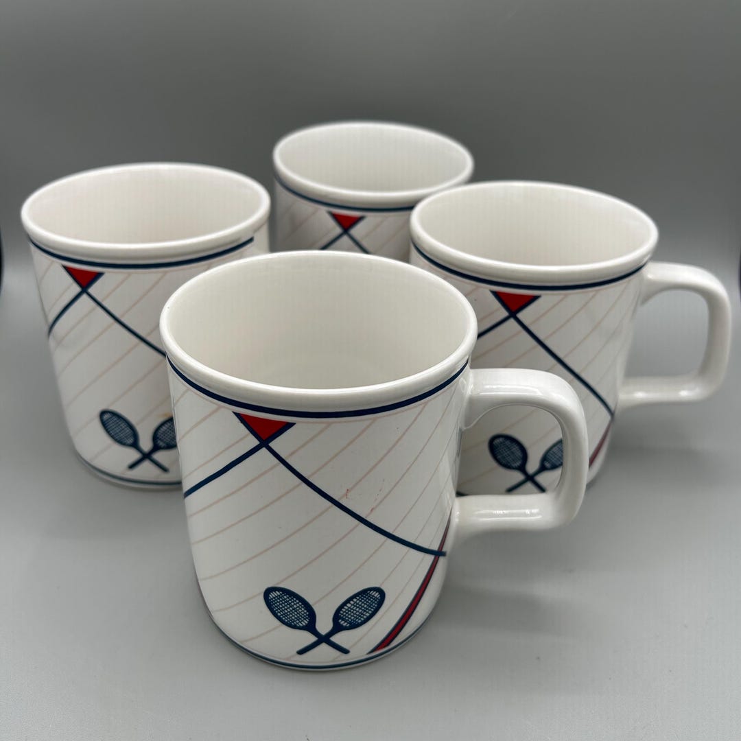 Preppy Tennis Mugs. Set of 4 Enesco 1980s Crossed Tennis Racquets ...