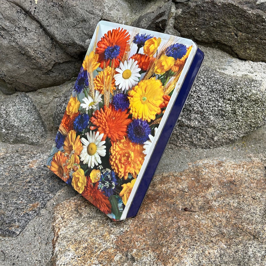 Vintage Elkes Biscuit Tin. Rectangular Blue Strawflower Canister. 10 1/ ...