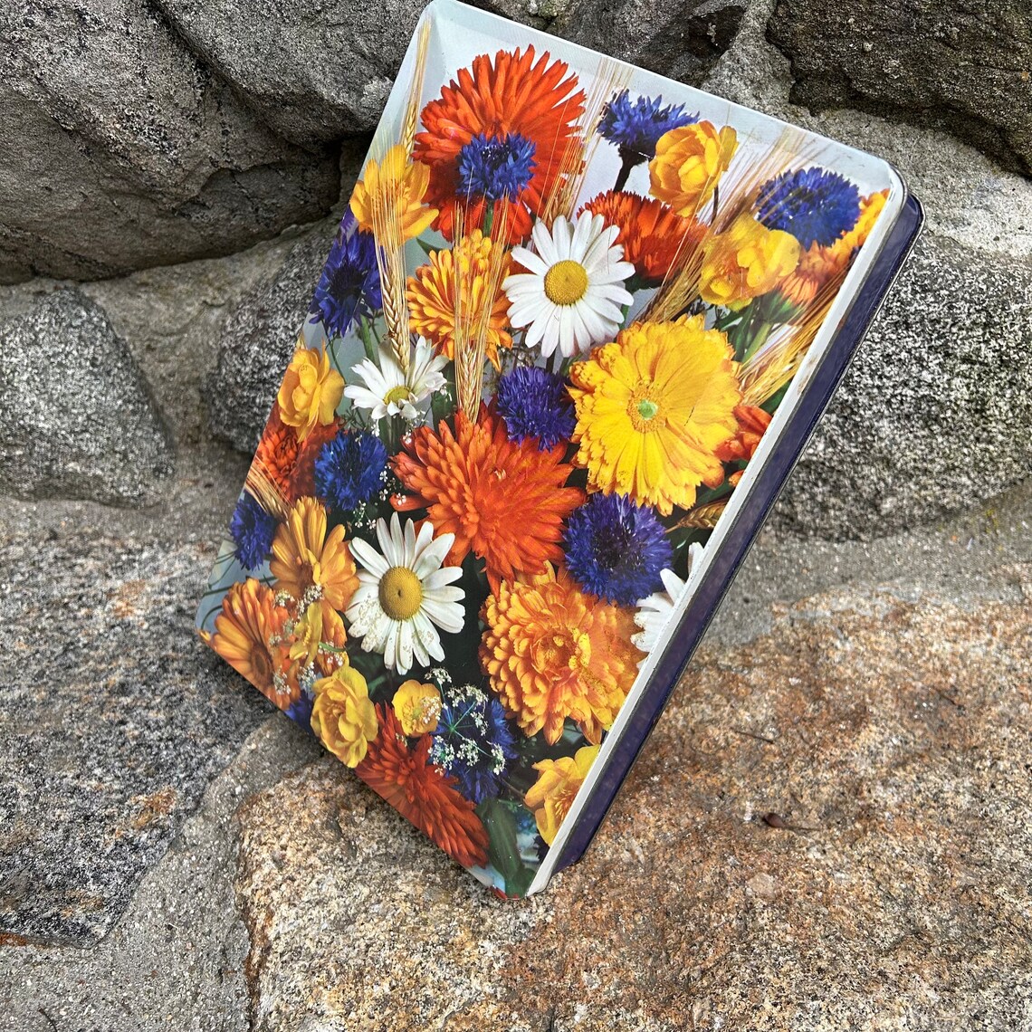 Vintage Elkes Biscuit Tin. Rectangular Blue Strawflower Canister. 10 1/ ...