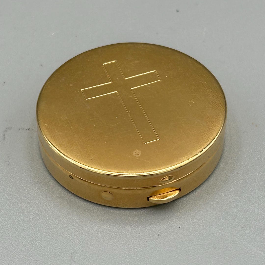 Vintage Communion Pyx With Engraved Cross. Gold Tone Metal Communion ...