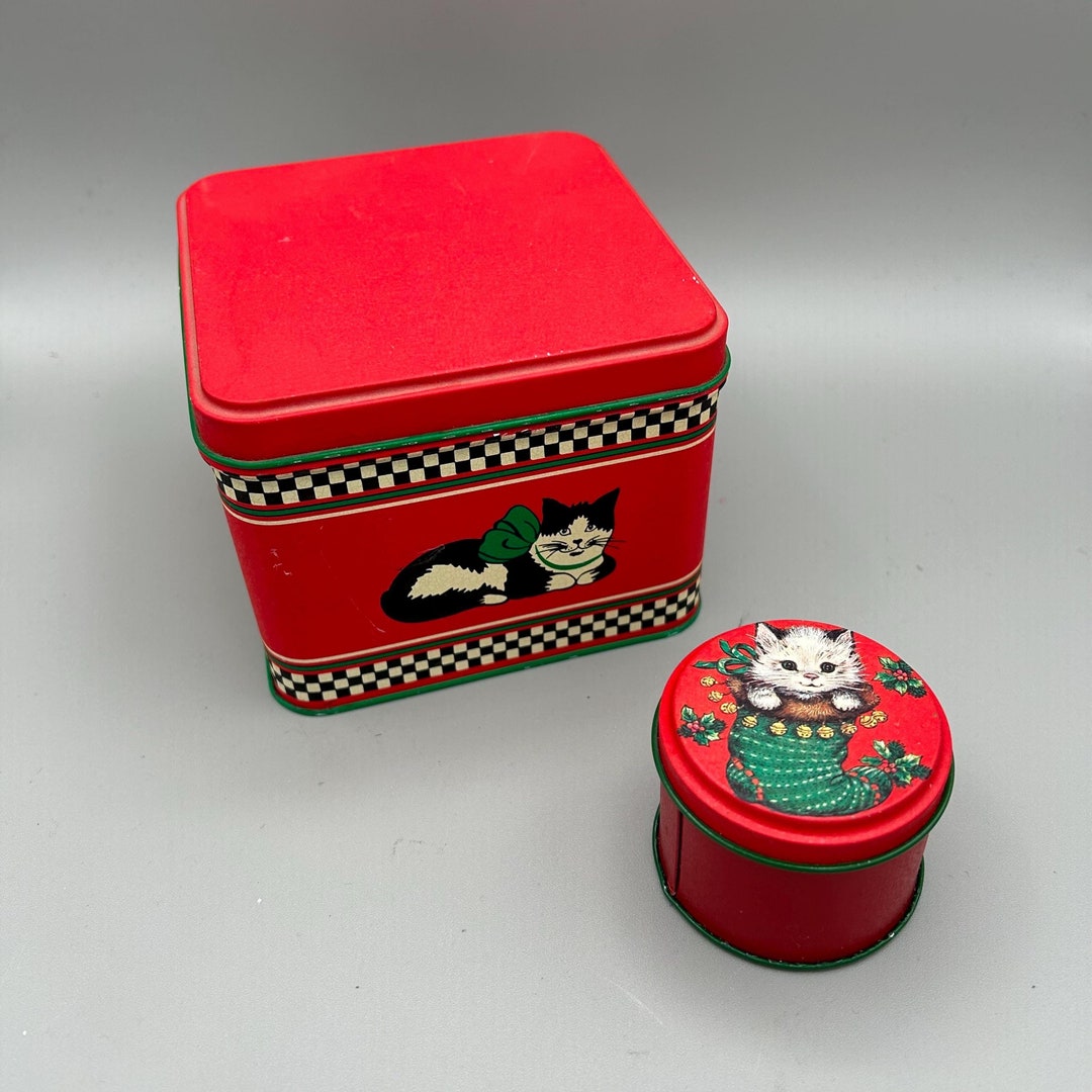 Vintage Cat Christmas Tins. Set of 2. Black and White Cat. Grey Kitten ...